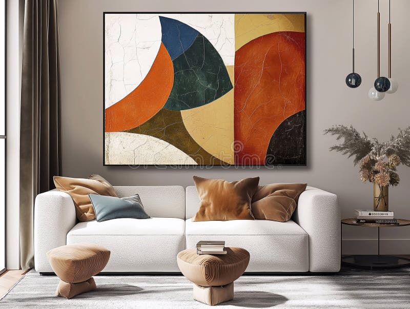 Upscale Living Room with Colorful Modern Art Stock Illustration ...