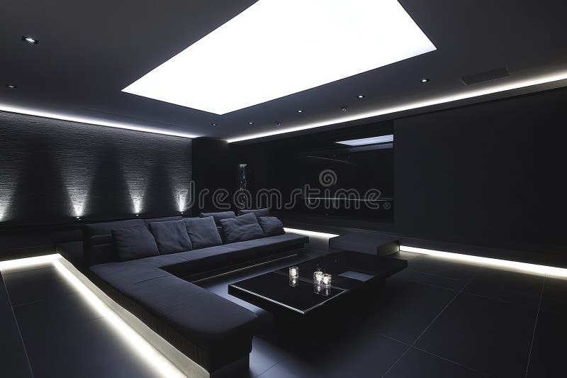 An Upscale Living Room with a Dark Design, Showcasing a Modern Black ...