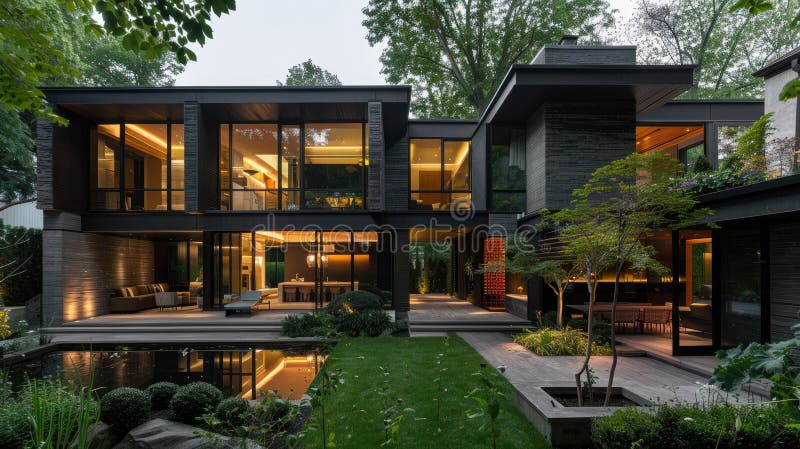 An Upscale Modern House Exterior Shot with Illuminated Interiors and ...
