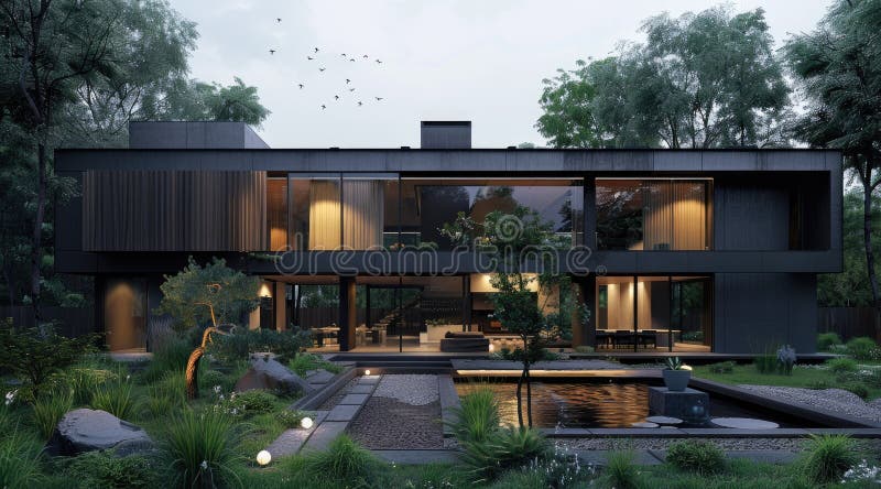 An Upscale Modern House Exterior Shot with Illuminated Interiors and ...