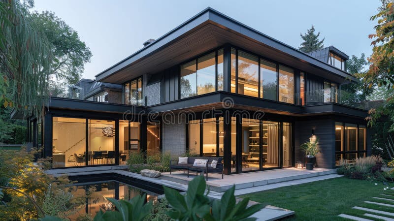 An Upscale Modern House Exterior Shot with Illuminated Interiors and ...