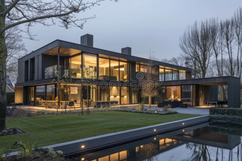 An Upscale Modern House Exterior Shot with Illuminated Interiors and ...