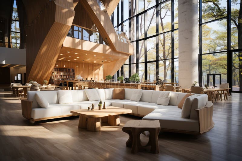 Upscale and Modern Lobby Area with a White and Wood Aesthetic Stock ...