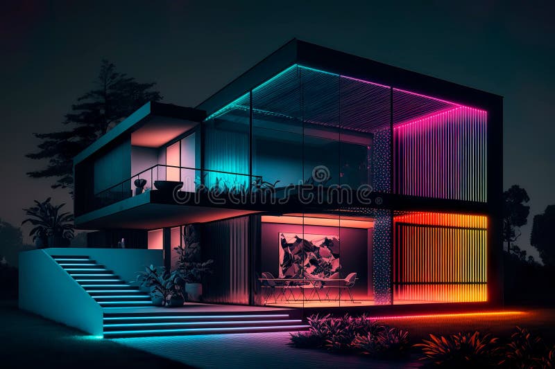 Upscale Modern Mansion at Night Generative AI Stock Photo - Image of ...