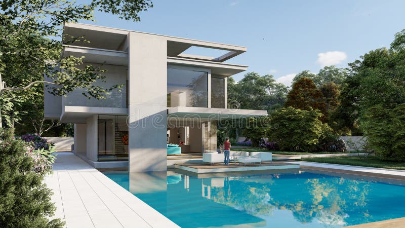 Upscale Modern Mansion with Pool Stock Illustration - Illustration of ...