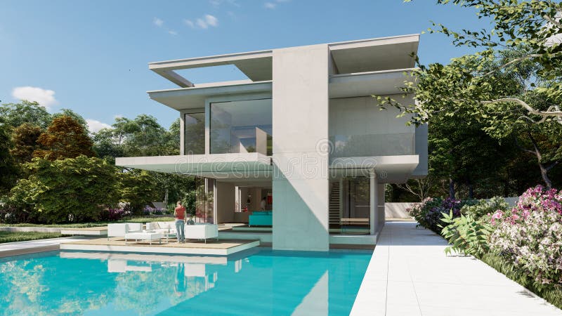 Upscale Modern Mansion with Pool Stock Illustration - Illustration of ...
