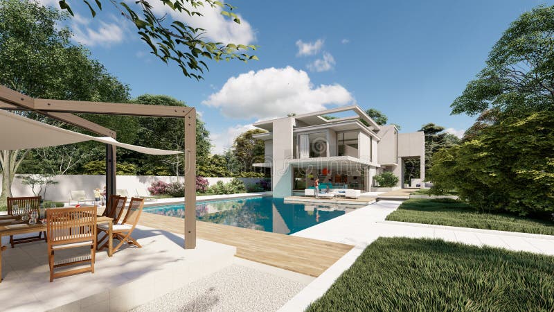 Upscale Modern Mansion with Pool Stock Illustration - Illustration of ...