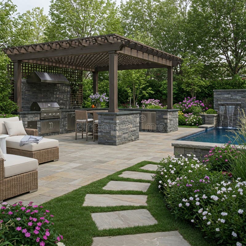 Upscale Outdoor Kitchen and Pool (Generated with AI) Stock Photo ...