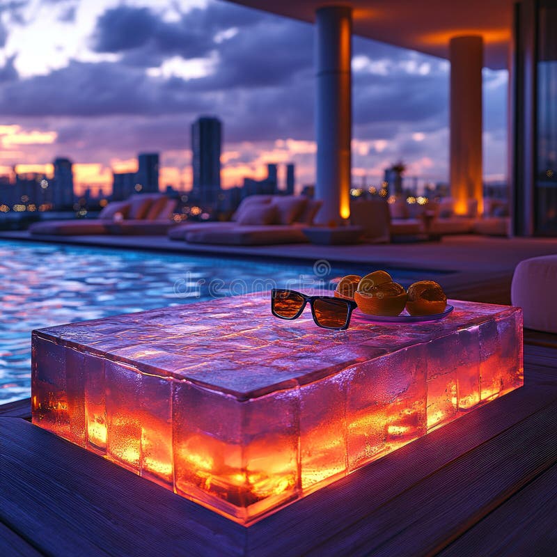 Upscale Poolside Setting at Sunset, with an Illuminated Ice Cube Table ...
