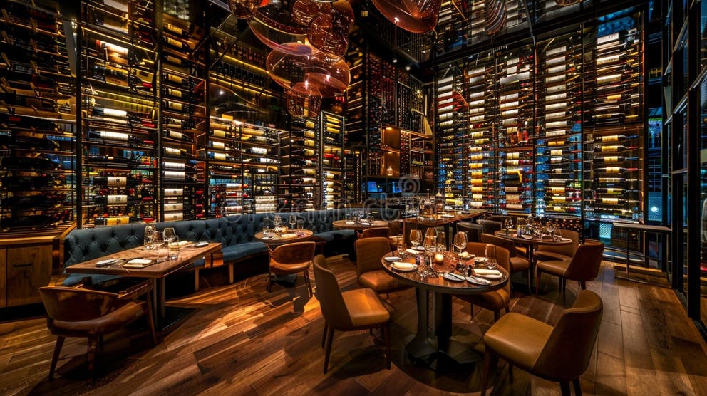 Upscale Restaurant Features Wine Racks and Private Booths Stock ...