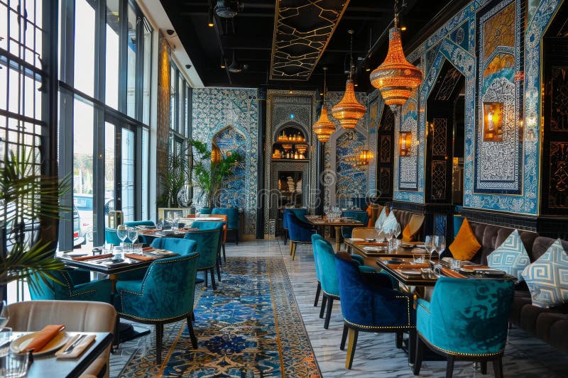 Upscale Restaurant Featuring Blue Chairs and a Spacious Window, an ...
