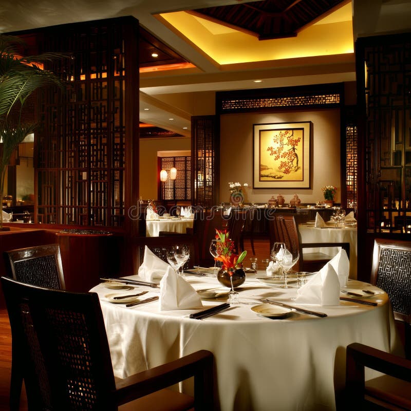 Upscale Restaurant Featuring an Elegant Dining Room with Round Tables ...
