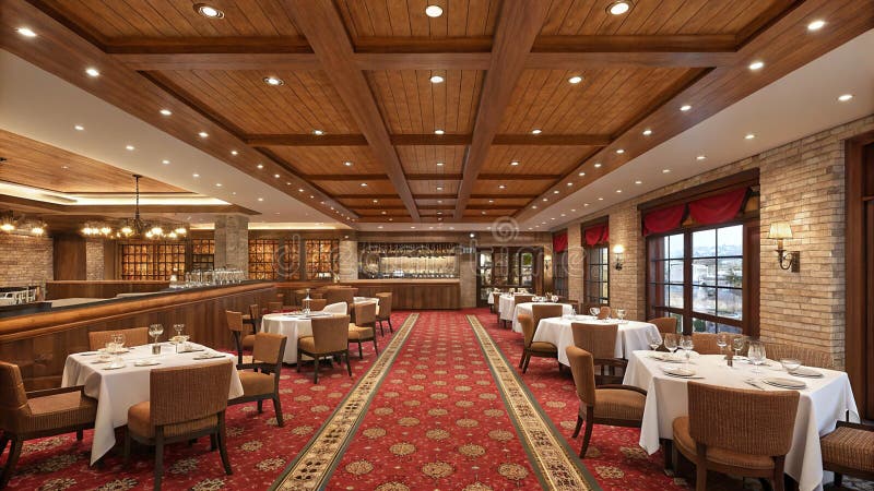 Upscale Restaurant Interior with Wooden Beams and Red Carpet Floor ...