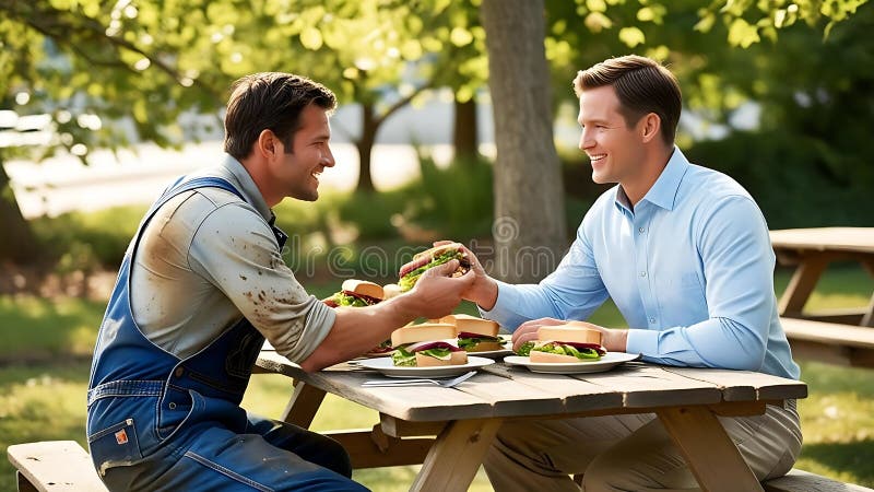 Two Men Having Different Jobs at a Picnic Table in a Park Setting ...