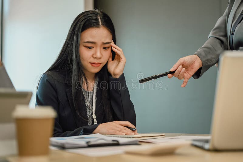 Upset Asian Female Employee Being Scolded by Supervisor Complaining ...
