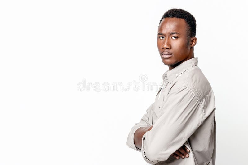 Upset Black Man with Arms Crossed on Grey Background Stock Image ...