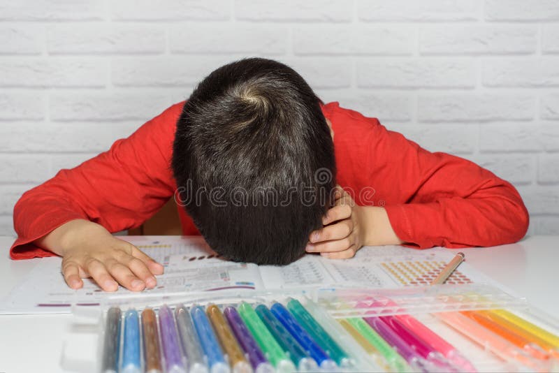 Upset Boring Schoolboy Doing Homework. Education, School, Learning ...