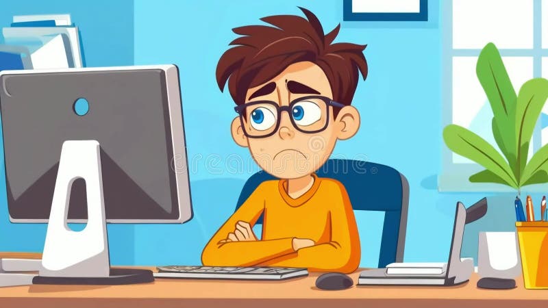 Upset Boy Sitting at Desk Using Computer Stock Video - Video of window ...