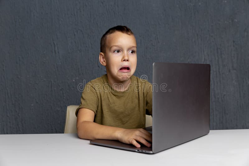 Upset Boy Sitting and Studying on the Computer Online at Quarantine ...
