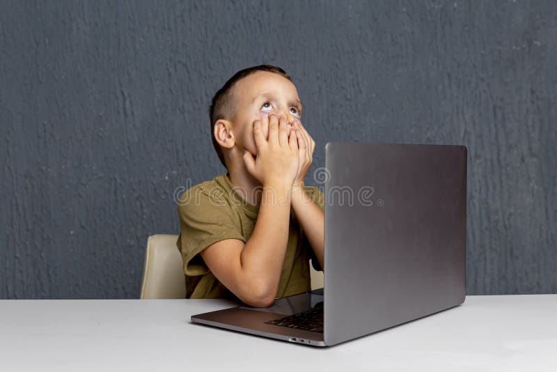 Upset Boy Sitting and Studying on the Computer Online at Quarantine ...