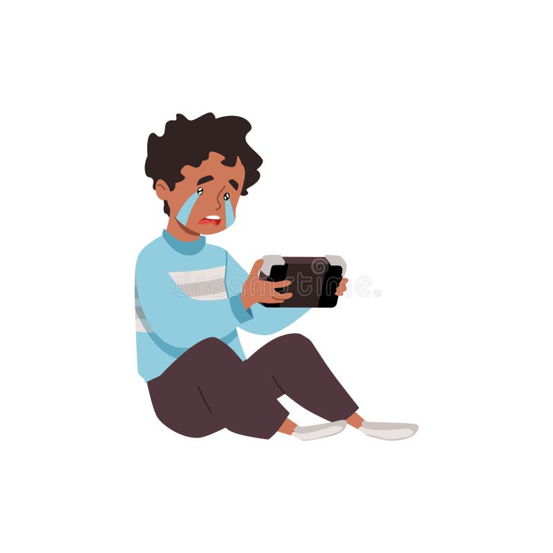 Upset Boy Using Tablet Device, Smartphone, Crying Child with Gadget ...