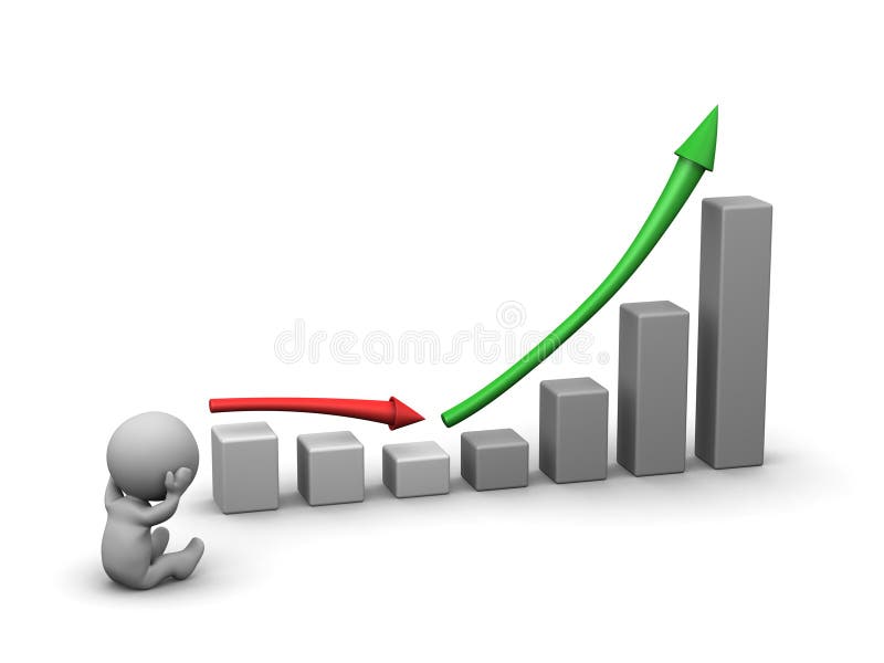 Upset 3D Character with a Chart Going Down Then Back Up Stock ...