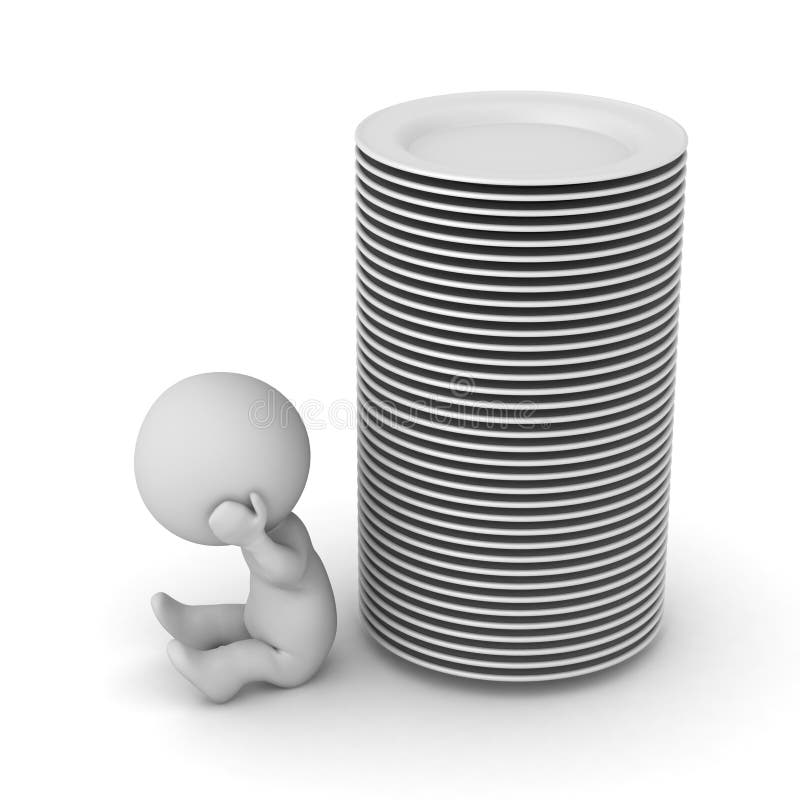 Upset 3D Character with Stack of Plates Stock Illustration ...