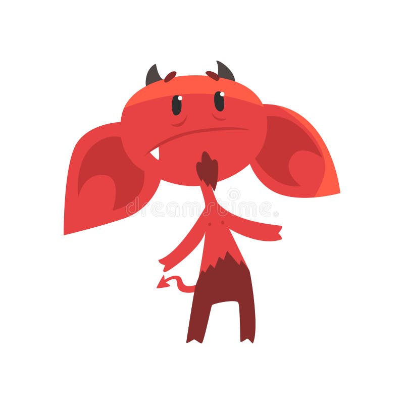 Upset Devil Character with Big Drooping Ears, Horns, Tail and Beard ...