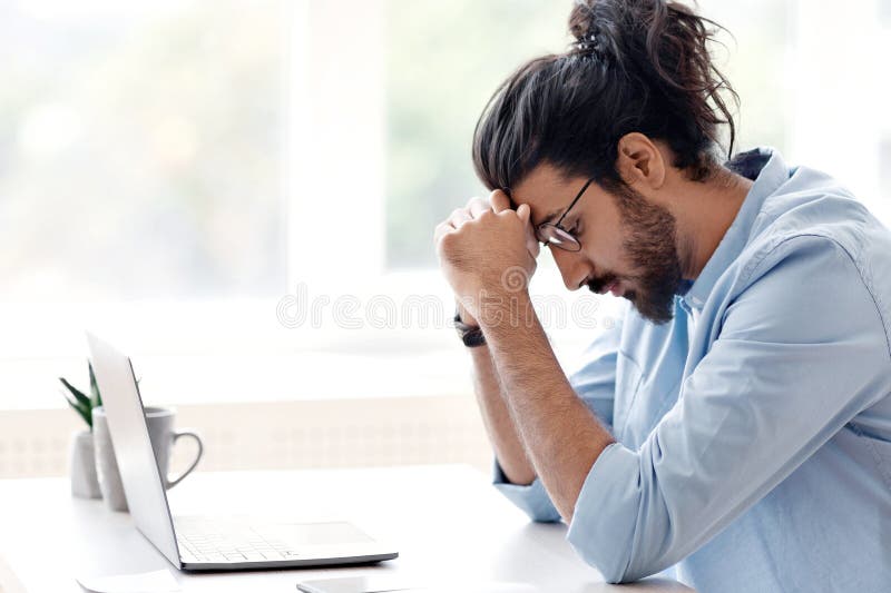 Upset Eastern Freelancer Guy Suffering Lack Inspiration Working Home ...