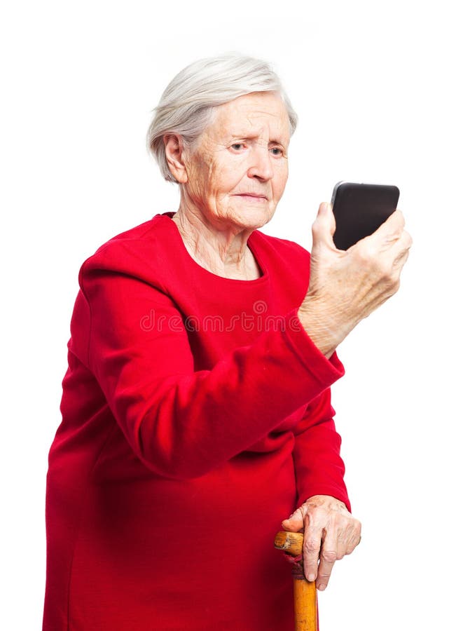 Upset Elderly Woman Using Touch Screen Mobile Stock Image - Image of ...