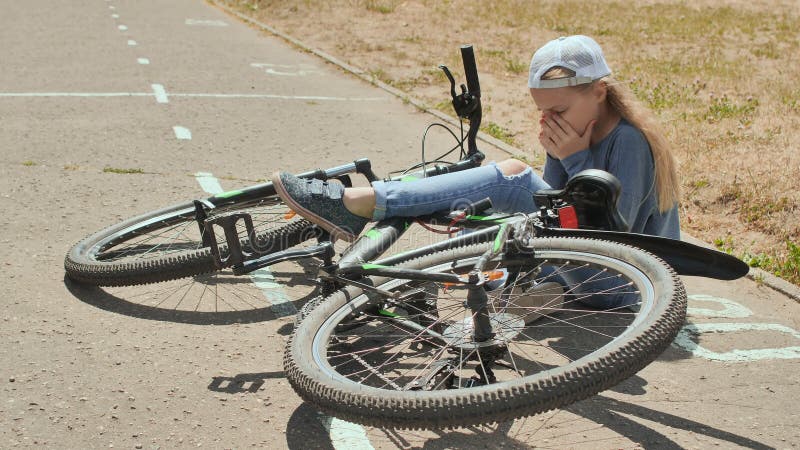 Upset Girl Crying after Falling from a Bicycle. Stock Video - Video of ...
