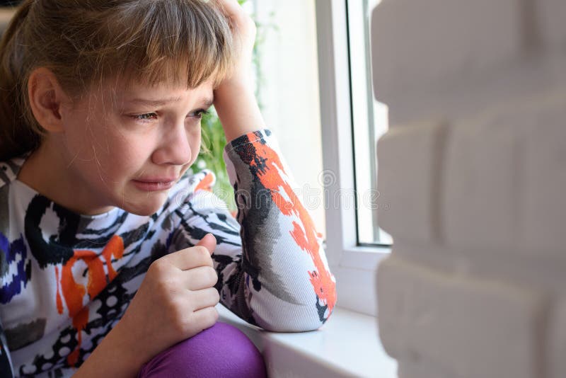 Upset Girl Crying Sitting by the Window Stock Image - Image of offended ...