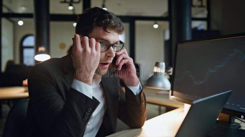 Upset Manager Speaking Cell Overwork in Office. Stressed Trader Check ...
