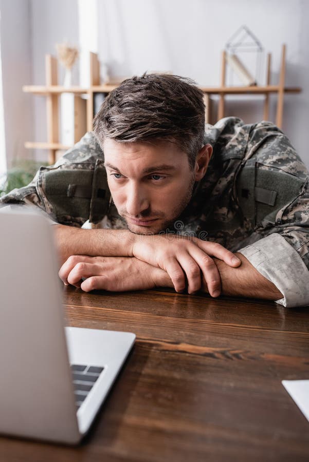 Scared Military Man Hiding Under Desk Stock Image - Image of service ...