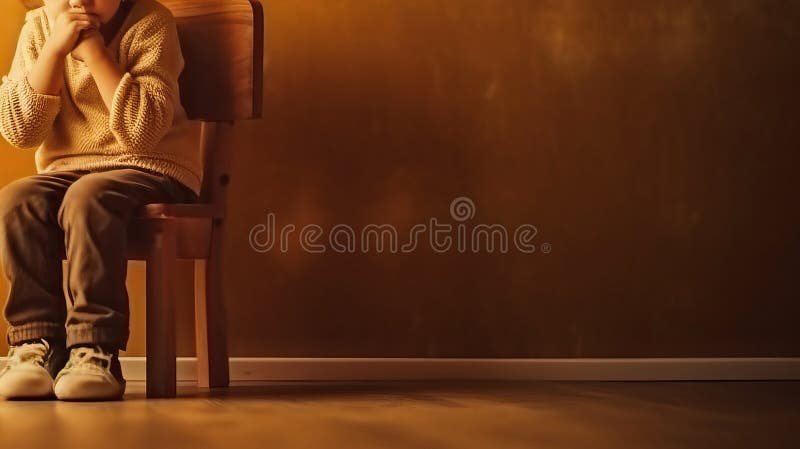 Upset Problem Scared Child Sitting on Chair in Emty Room, Stress or ...