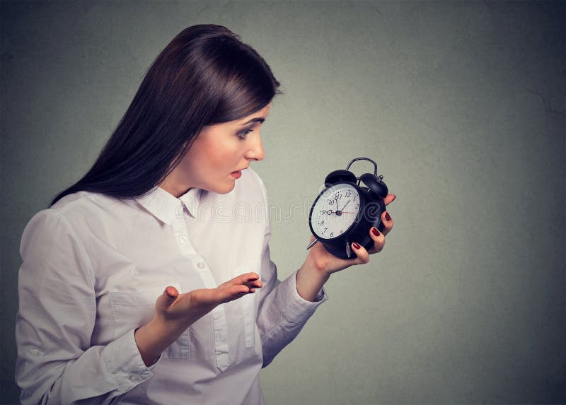 Upset Stressed Looking Woman with Alarm Clock Stock Image - Image of ...