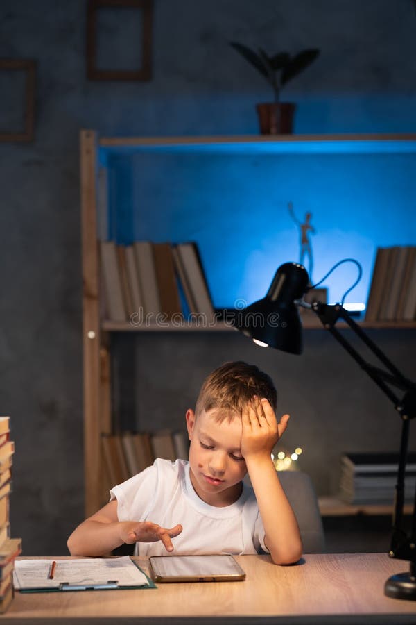 Upset Student Boy with Tablet Pc Computer and Notebook Learning Online ...