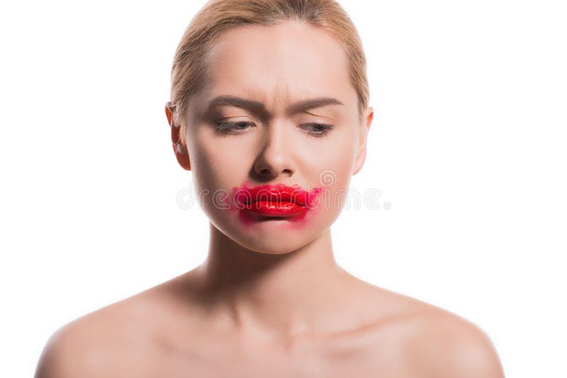 Upset Woman with Smeared Red Lipstick on Face Looking Down Stock Image ... Upset Woman with Smeared Red Lipstick on Face Looking Down Stock Image ...