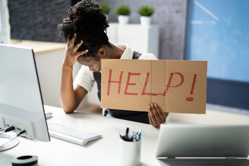 Upset Young African Woman Holding Cardboard with Help Text Stock Photo ...