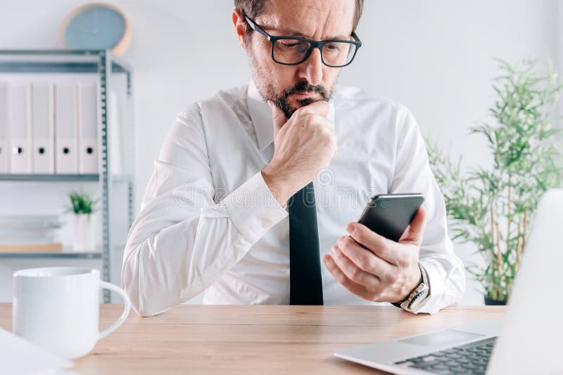 Upsetting Text Message Notification, Businessman with Mobile Smart ...