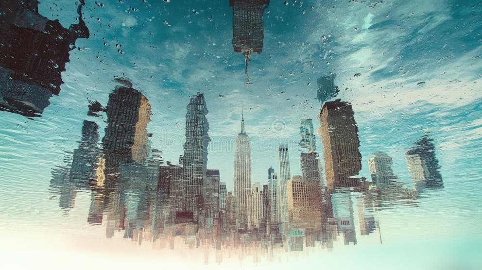 Upside-down City Skyline Reflected in Water Stock Illustration - Illustration of clouds, skyline ...