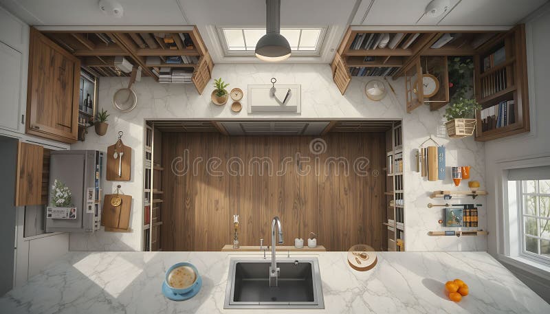 Upside Down Kitchen with Marble Countertops, Wooden Cabinets, and a ...