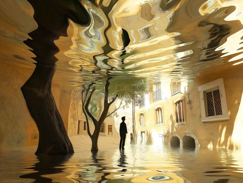 Upside Down Reflection, Water, Cityscape, Man Walking, Surreal Effect ...