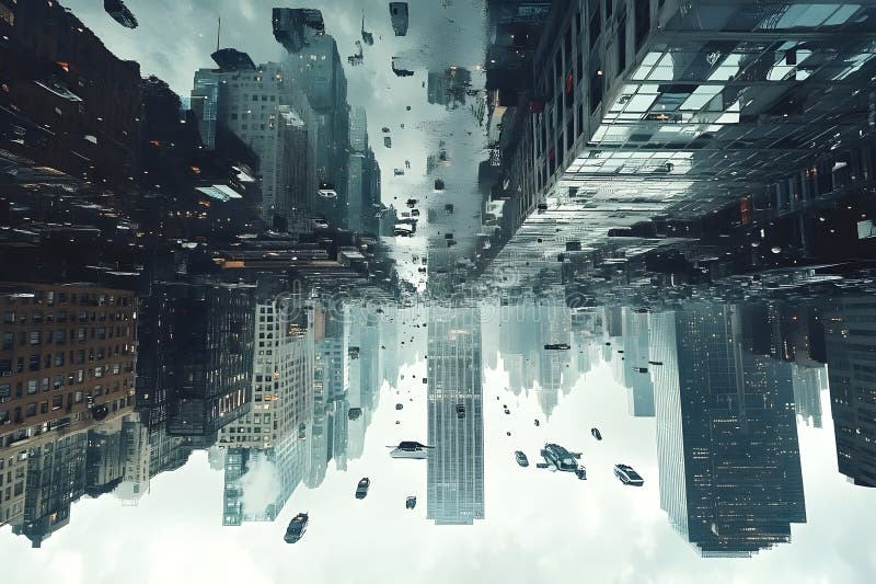 Upside-down View of Modern Skyscrapers with Floating Vehicles Stock ...