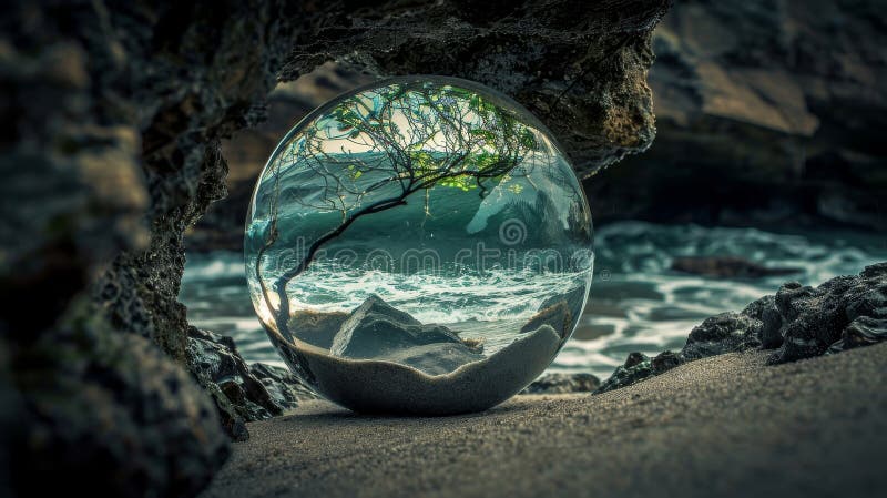 Upside Down World, Ocean Waves and Tree in Crystal Ball. Harmony of ...