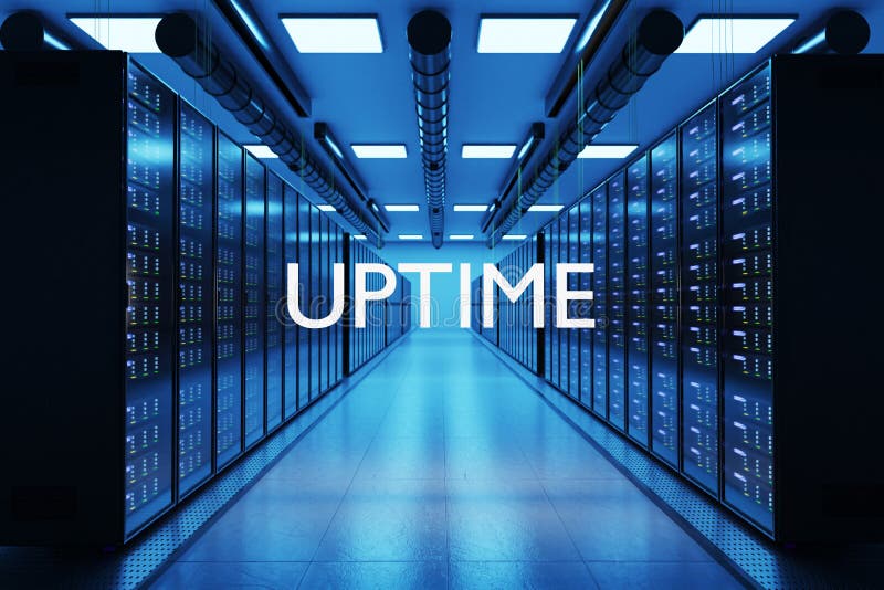 Uptime Logo in Large Modern Data Center with Multiple Rows of Network ...