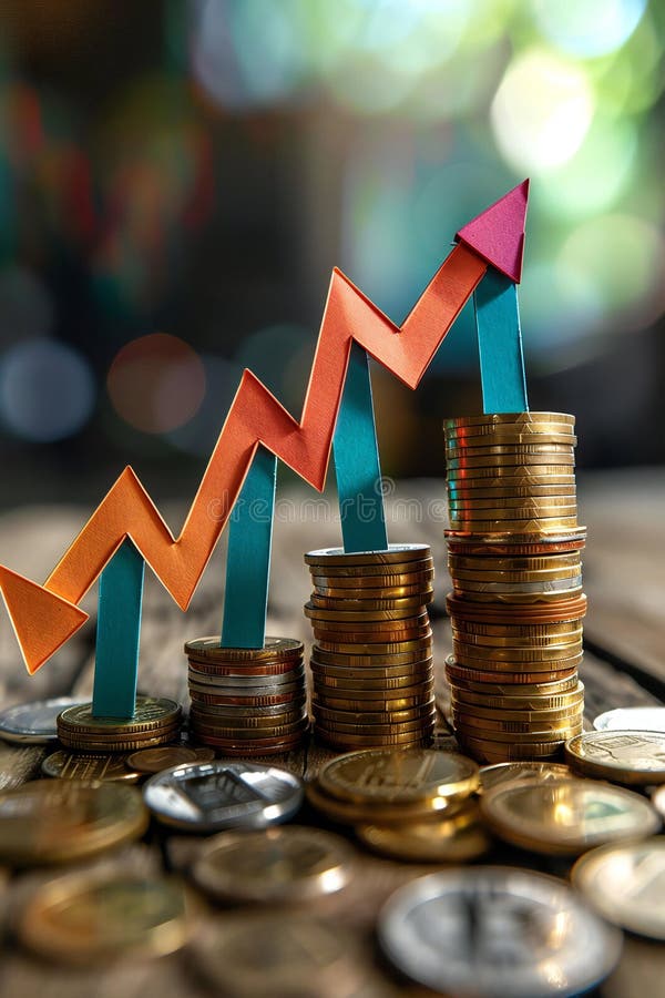 Upward Arrows with a Stack of Coins Next To it, Paper Craft Style Stock ...