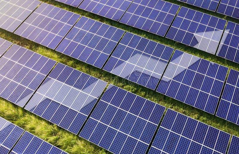 Upward Line Graph with Arrow Superimposed on Rows of Solar Panel ...