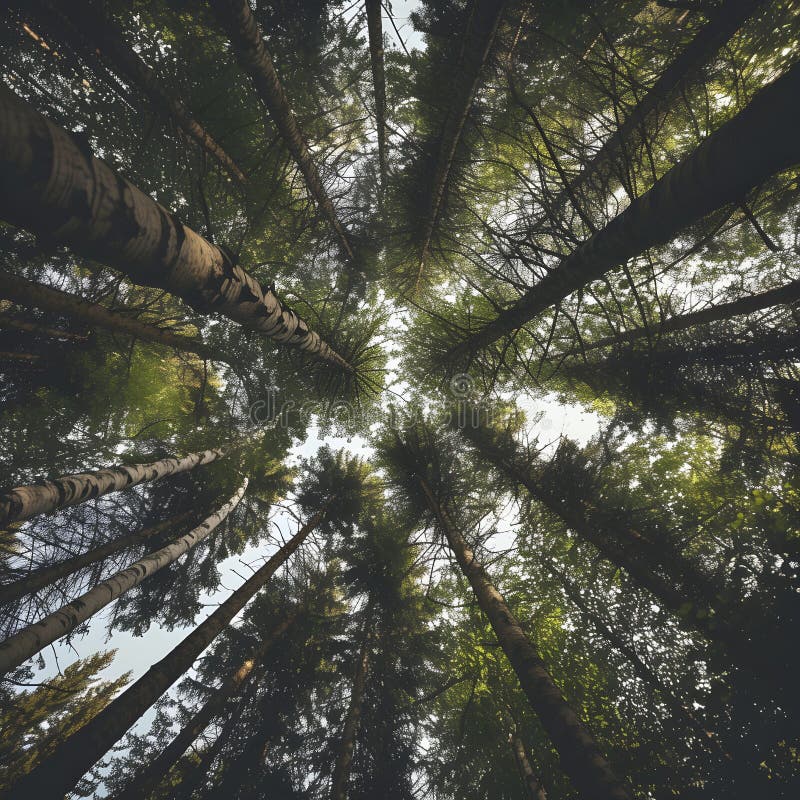 Upward Perspective of Towering Trees Converging in a Lush Forest Stock ...