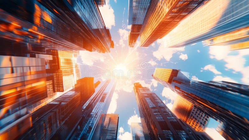 Upward View of City Skyscrapers at Sunrise Stock Illustration ...